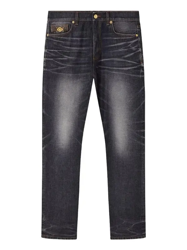 Versace Faded Straight Leg Jeans With Medusa Detail - Black