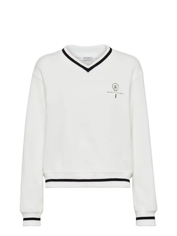Brunello Cucinelli Logo-printed Striped-trim Sweatshirt - White