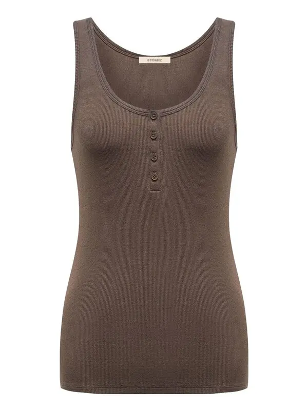 12 STOREEZ Rib-knit Henley Tank Top - Brown