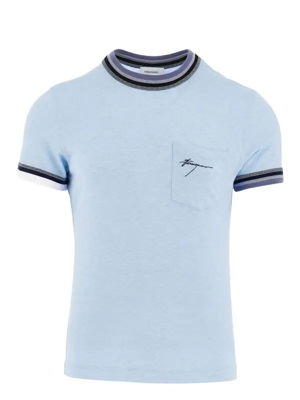 FERRAGAMO Stripe-tipping Jersey T-shirt - Blue