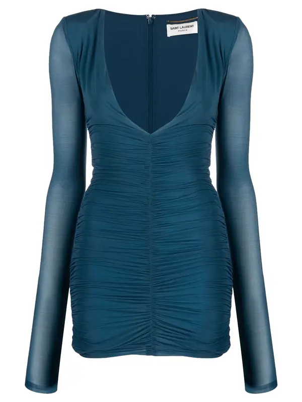 Saint Laurent Ruched V-neck Minidress - Blue