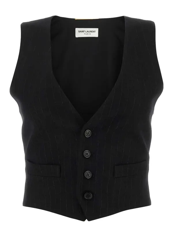Saint Laurent Pinstripe Patterned Wool Waistcoat - Black