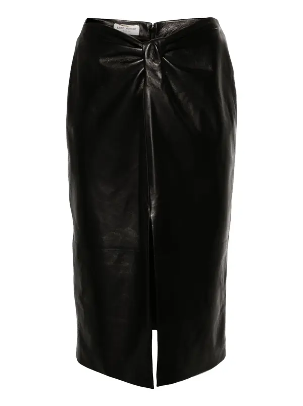 Saint Laurent Gathered Leather Midi Skirt - Black