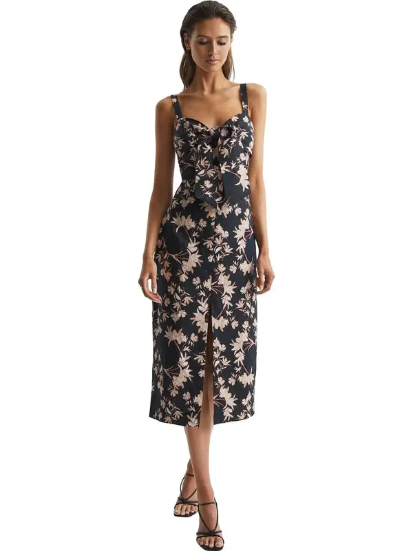 REISS Aleen Floral Print Linen Midi Dress - Black