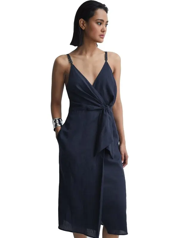 REISS Esme Linen Side Tie Midi Dress - Navy