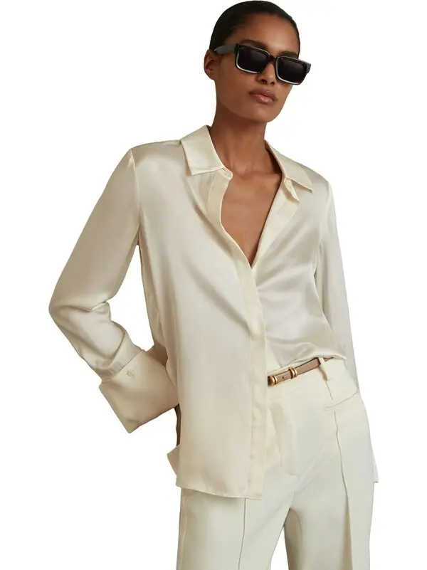 REISS Silk Double-cuff Button-through Shirt - Ivory