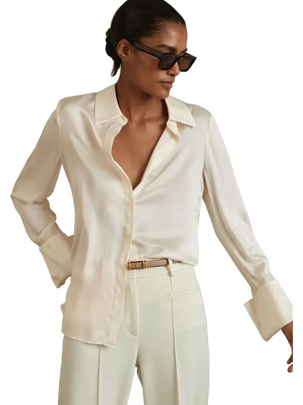 REISS Silk Double-cuff Button-through Shirt - Ivory