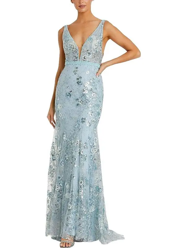 Mac Duggal Floral Embellished Plunge Neck Gown - Seafoam