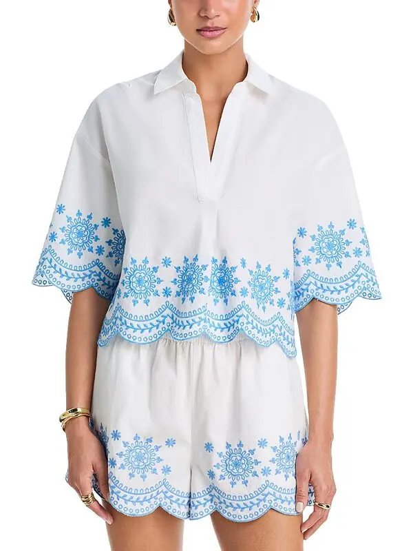 French Connection Alissa Cotton Embroidered Top - Linen White/poolside Blue