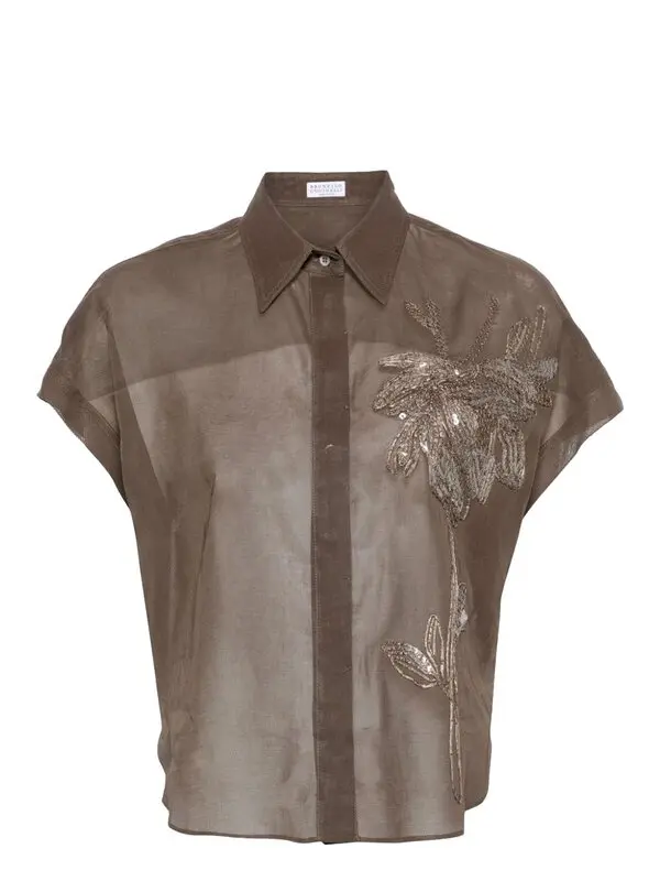 Brunello Cucinelli Motif-embroidered Semi-sheer Shirt - Brown