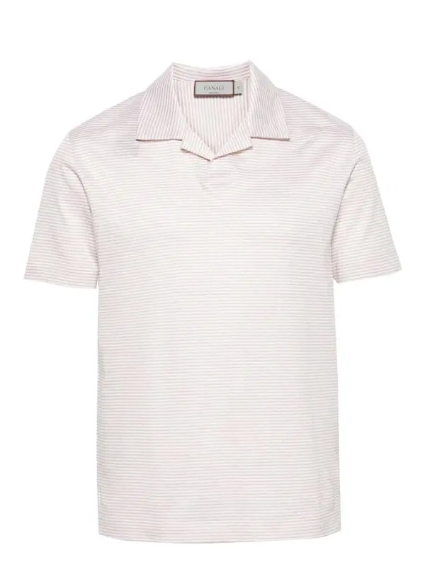 Canali Striped Linen Blend Polo Shirt - White
