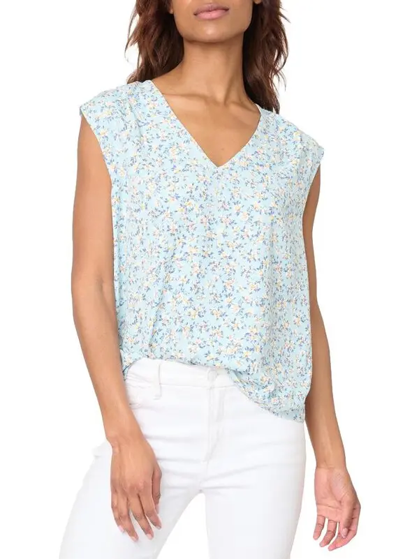 GIBSONLOOK V-neck Sleeveless Top - Seaglass Blue Flower Print