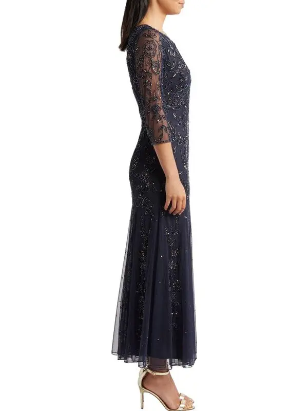 Pisarro Nights Floral Beaded Tulle Gown - Jbs Slate