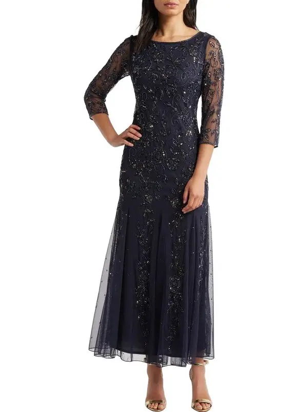 Pisarro Nights Floral Beaded Tulle Gown - Jbs Slate