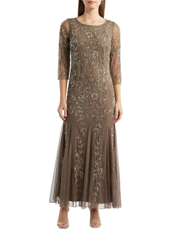 Pisarro Nights Floral Beaded Tulle Gown - Mocha