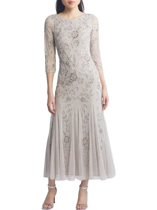 Pisarro Nights Floral Beaded Tulle Gown - Silver 040