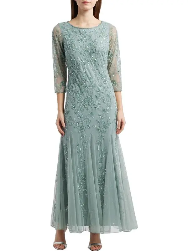 Pisarro Nights Floral Beaded Tulle Gown - Soft Sage