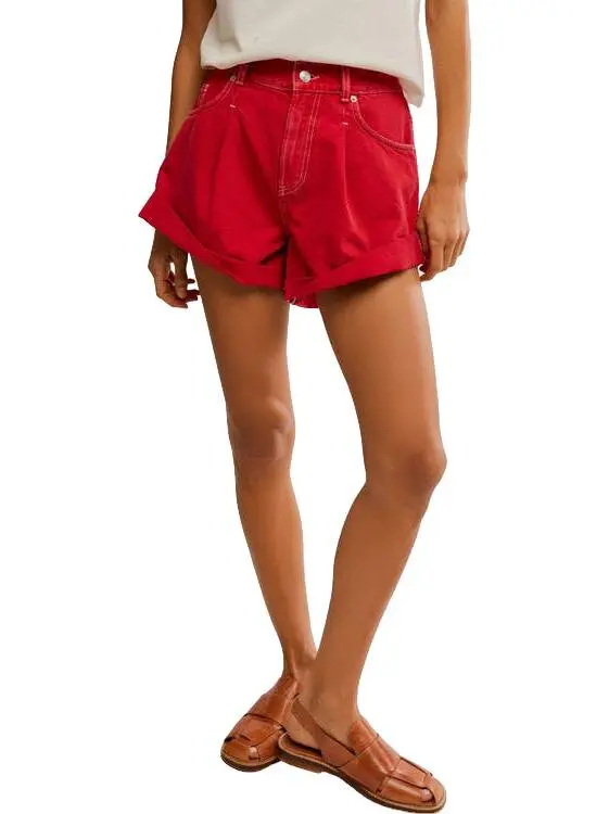 Free People Pleated Cuffed Hem Denim Shorts - Hot Rod Red