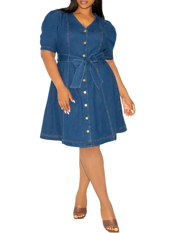 BUXOM COUTURE Puff Sleeve Denim Shirtdress - Denim Blue