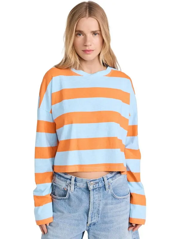 ASKK NY Printed Cropped Long Sleeve Top - Orange Blue Stripe