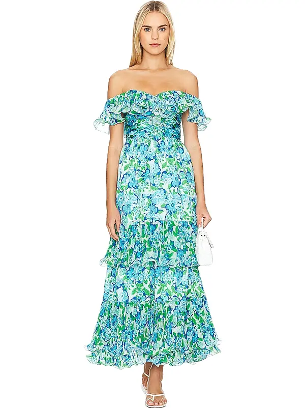 AMUR Pia Pleated Midi Dress - Garden Blues