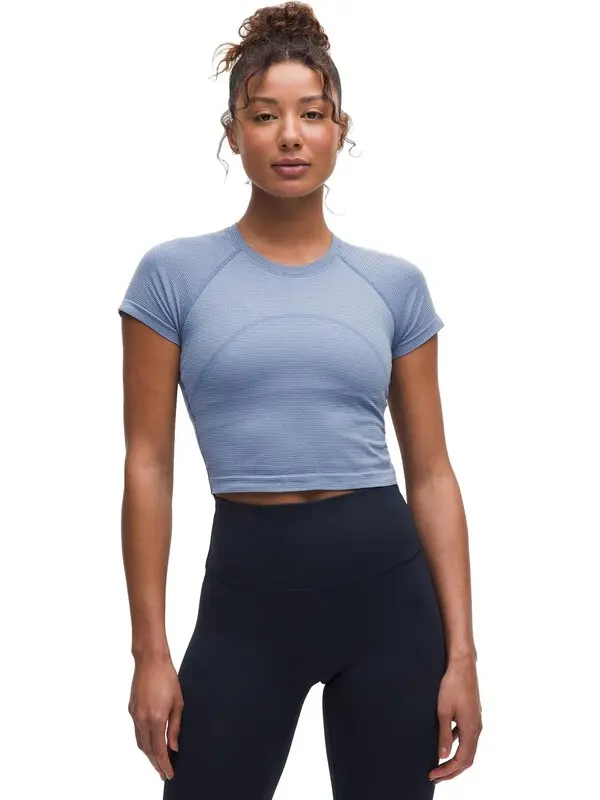 Lululemon Swiftly Tech Cropped Short-sleeve Shirt 2.0 - Spandex Stripe Washed Denim/starch Blue