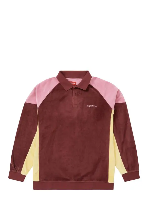 Supreme Paneled Velour Long Sleeve Polo Shirt - Cardinal