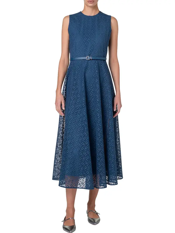 Akris Sleeveless Embroidered Lace Midi Dress - Blue