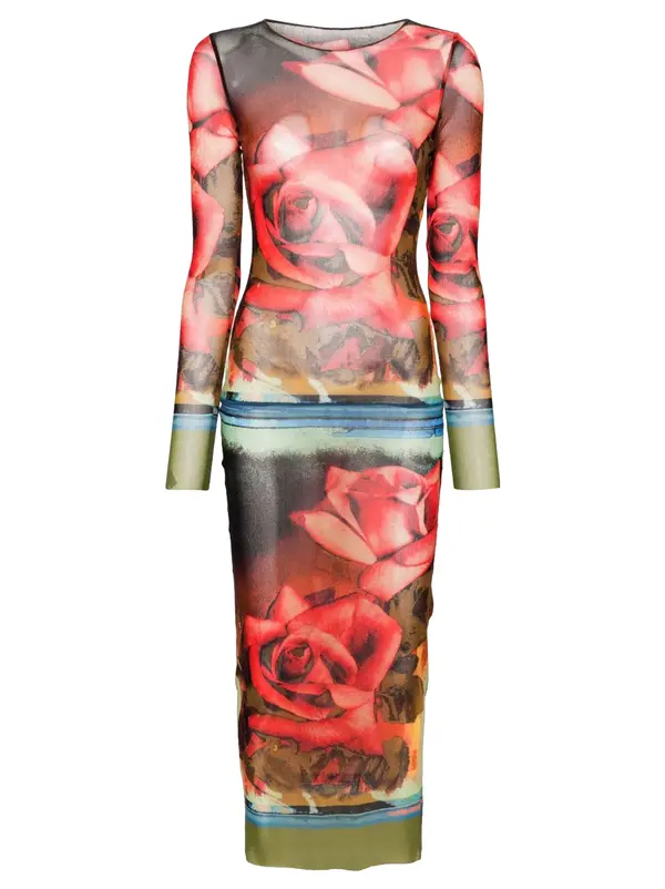 Jean Paul Gaultier Rose-print Mesh Midi Dress - Green