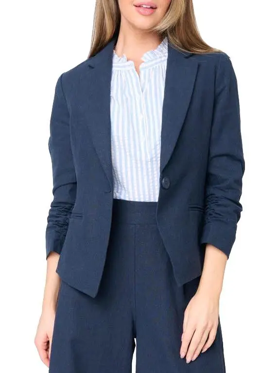 GIBSONLOOK Ruched Sleeve Linen Blend Blazer - Dark Navy