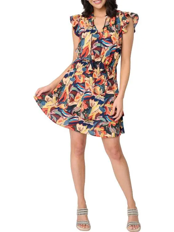 GIBSONLOOK Isla Smocked Waist Flutter Sleeve Mini Dress - Abstract Painterly Floral