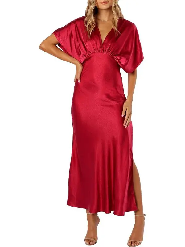 PETAL & PUP Ricki Dolman Sleeve Satin Dress - Ruby Wine