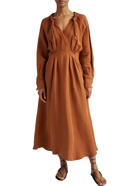 Max Mara Drina Pleated Waist Linen & Silk Dress - Tobacco