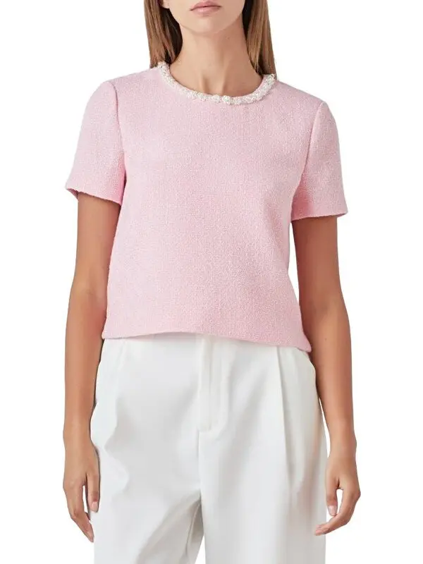 Endless Rose Imitation Pearl Trim Tweed Top - Pink