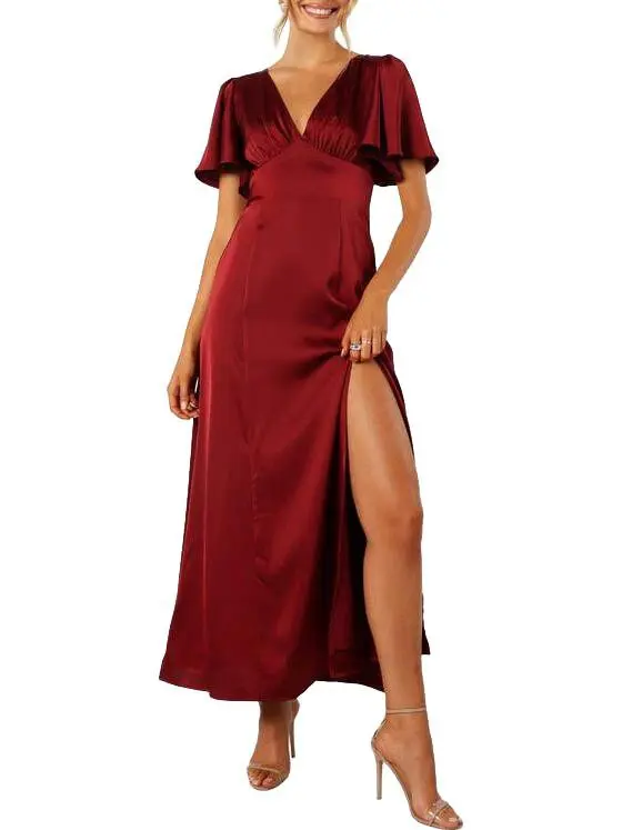 PETAL & PUP Casper Flutter Sleeve Satin Dress - Wine