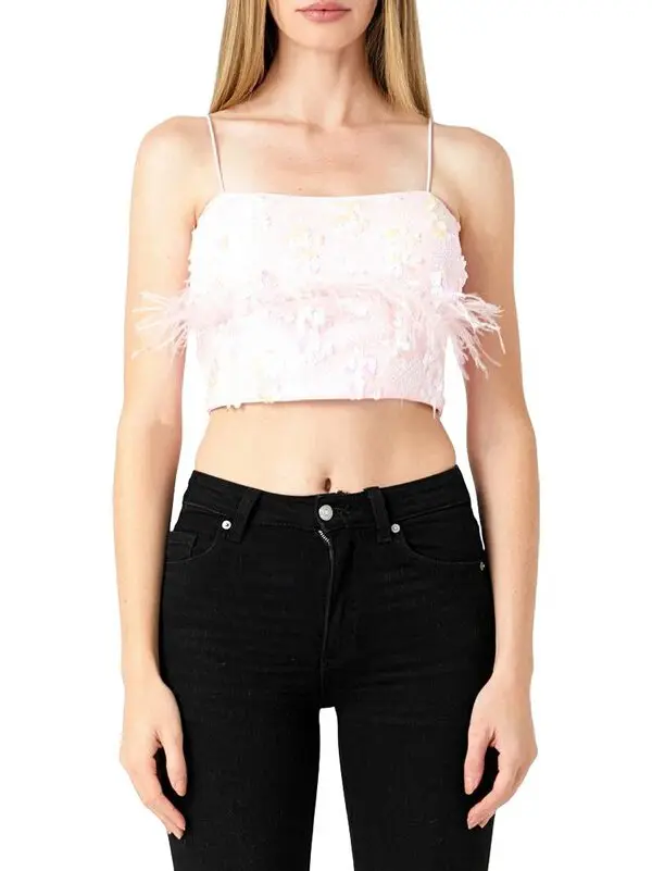 Endless Rose Sequin & Feather Crop Top - Pink
