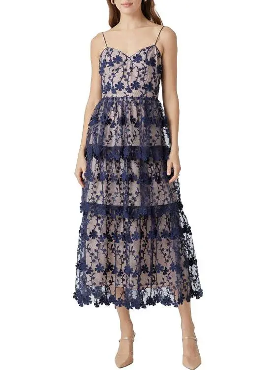 Endless Rose Floral Embroidered Tiered Dress - Navy