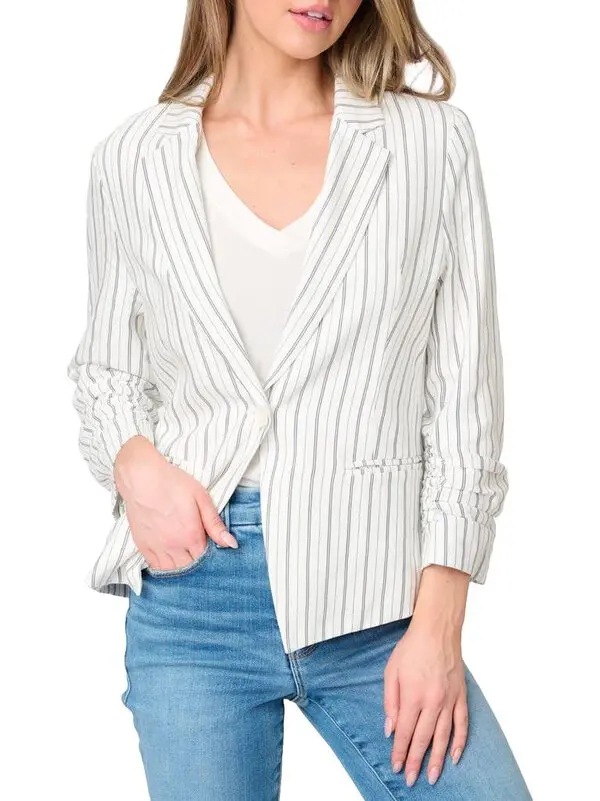 GIBSONLOOK Pinstripe Ruched Sleeve Blazer - Parchment Pinstripe