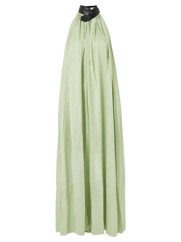 FERRAGAMO Faux Leather-trimmed Pleated Crepe Maxi Dress - Green