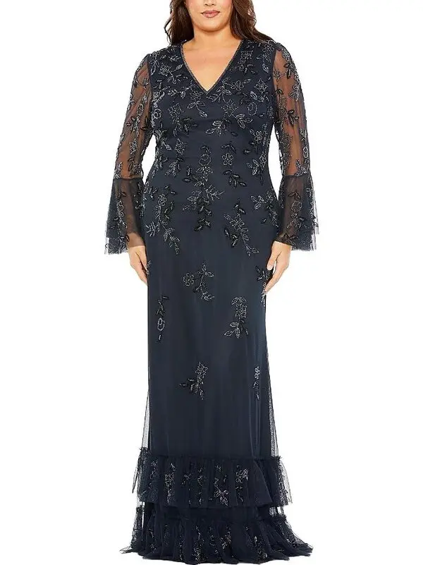 Mac Duggal V-neck Embellished Tiered Gown - Midnight