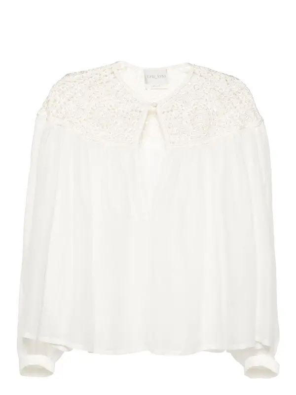 FORTE_FORTE Crochet-panel Long-sleeve Blouse - White