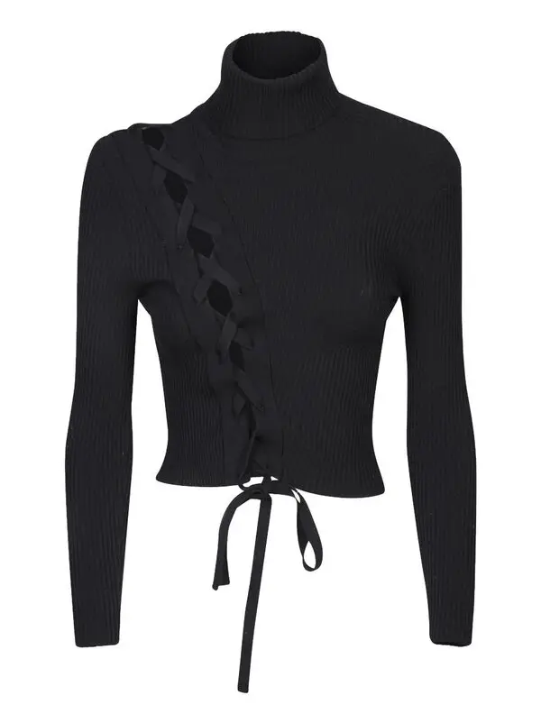 SSHEENA Cropped Turtleneck Sweater With Lace-up Detail - Black
