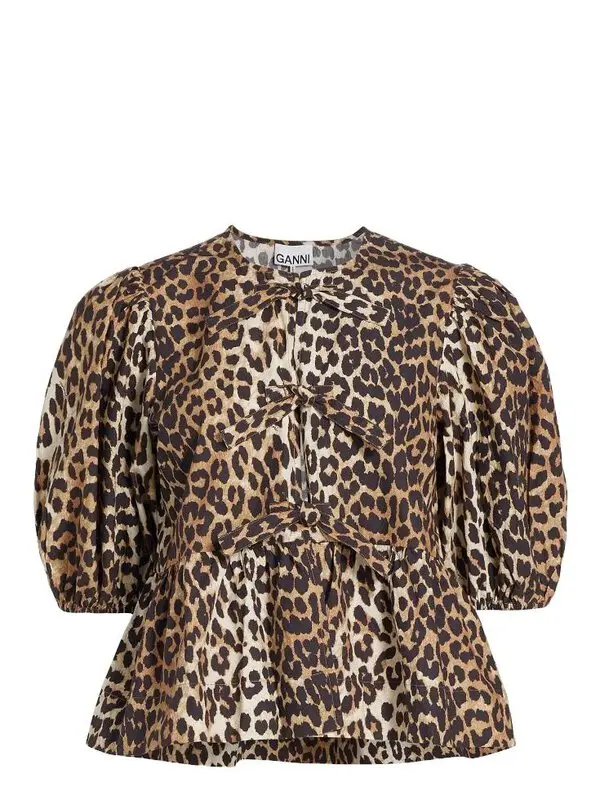 GANNI Poplin Peplum Blouse - Leopard