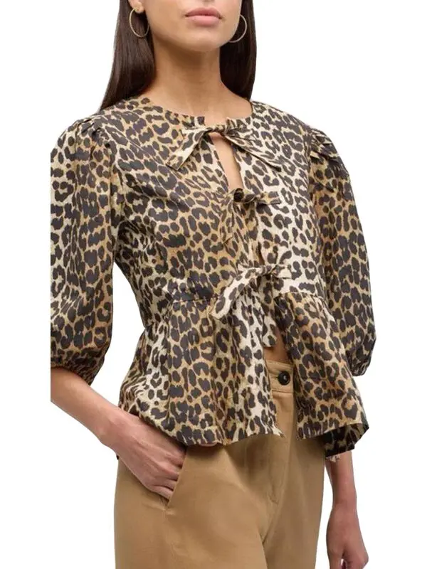 GANNI Printed Self-tie Peplum Blouse - Leopard