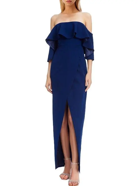Badgley Mischka Ruffle Off The Shoulder Gown - Navy