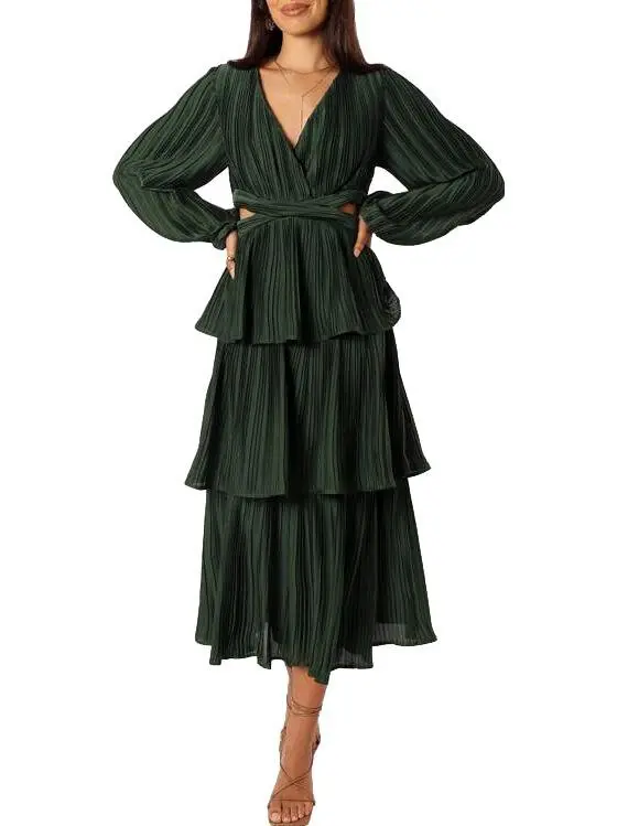 PETAL & PUP Pippa Cutout Long Sleeve Tiered Midi Dress - Emerald