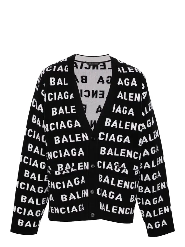 Balenciaga Logo Intarsia V-neck Cardigan - Black