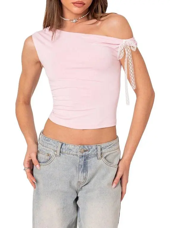 EDIKTED Lace Bow One-shoulder Top - Pink