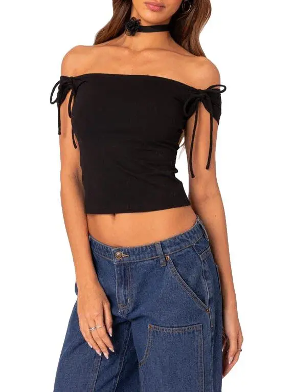 EDIKTED Jess Tie Sleeve Off The Shoulder Crop Top - Black