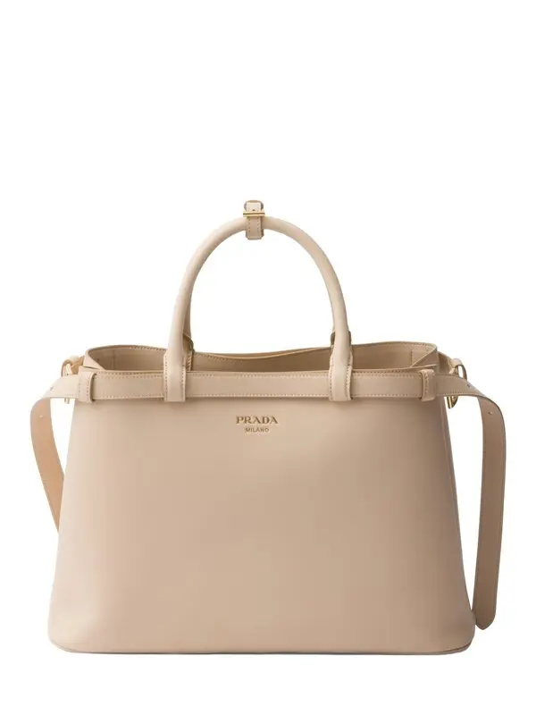 Prada Leather Handbag With Buckle Detail - Neutral